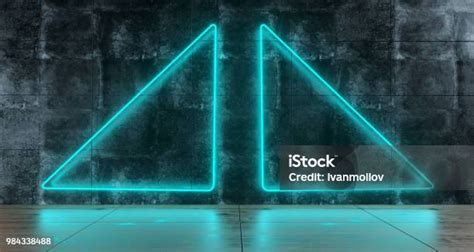 블루 네온 빛 삼각형 반사 3d 렌더링 나무 바닥과 콘크리트 벽 실 미술관에 대한 스톡 사진 및 기타 이미지 미술관 배경 주제 벽 Istock