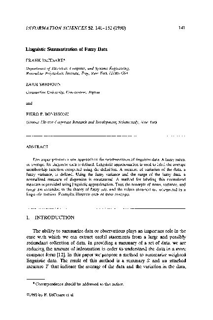 Pdf Linguistic Summarization Of Fuzzy Data Piero Bonissone