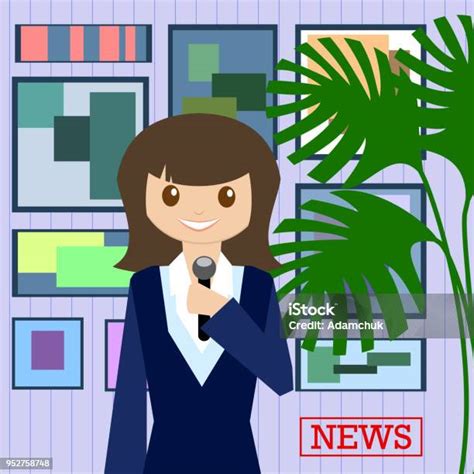 마이크와 여자 기자 그림과 식물의 배경에 뉴스 서비스입니다 평면 디자인입니다 벡터 귀여운에 대한 스톡 벡터 아트 및 기타 이미지 귀여운 뉴스 캐스터 마이크 Istock