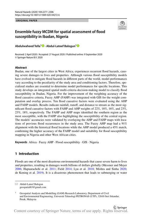 Ensemble Fuzzy Mcdm For Spatial Assessment Of Flood Susceptibility In Ibadan Nigeria Request Pdf