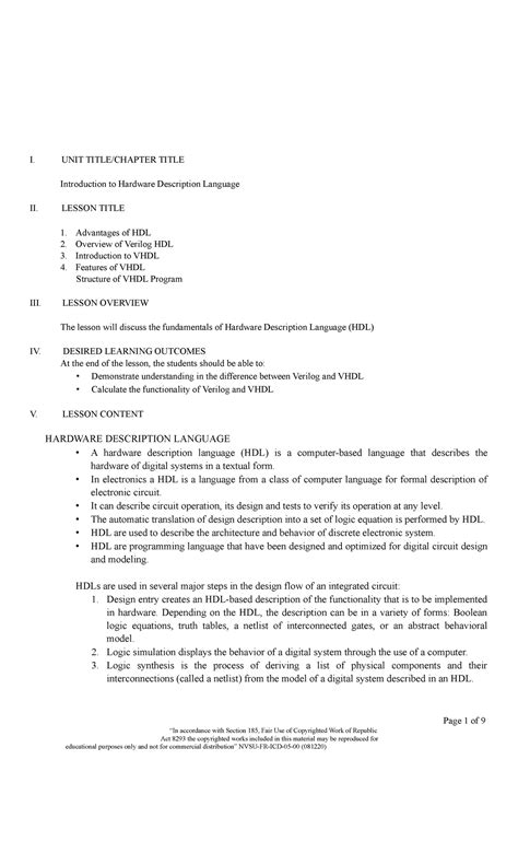Hdl Module No 01 Ups Introduction To Hardware Description Language I Unit Titlechapter