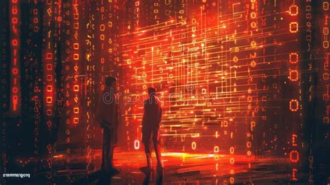 Binary Code Two People Standing In Front Of A Red Binary Code Wall