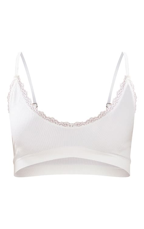 White Seamless Rib Lace Trim Triangle Bra Lingerie And Nightwear
