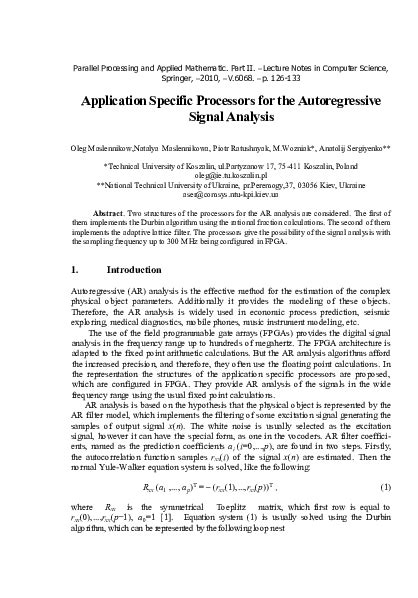 Pdf Application Specific Processors For The Autoregressive Signal