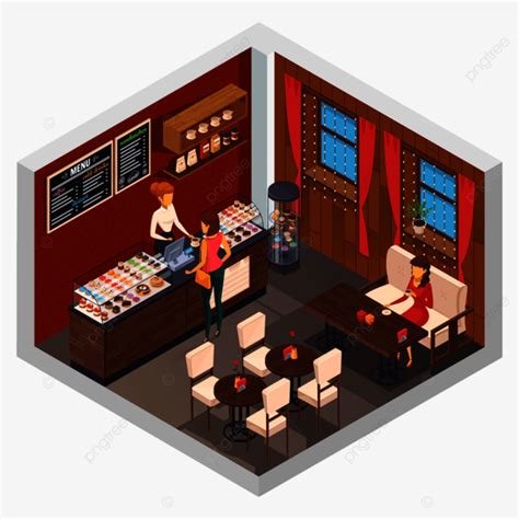 카페 인테리어 레스토랑 피자 비스트로 매점 아이소메트릭 구성 케이크 가게 디스플레이 카운터 및 방문자 좌석 벡터 일러스트 레이 션 케이크 기호 좌석 Png 일러스트