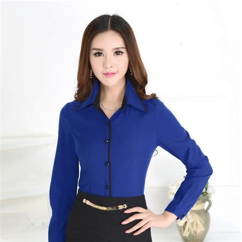 Formal Camisas Azules Mujeres Trabajan Blusas De Manga Larga Uniformes