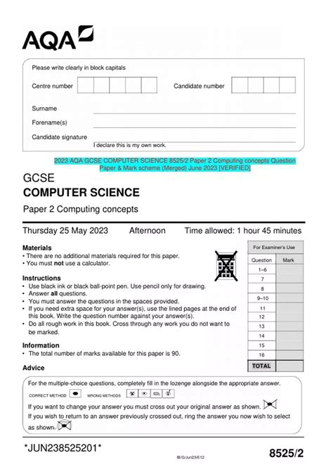 2023 Aqa Gcse Computer Science 85252 Paper 2 Computing Concepts