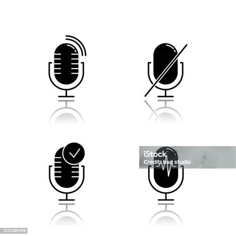 모드를 사용하는 마이크는 그림자 검은 색 문말 아이콘을 설정 합니다 음성 제어 아이디어 사운드 레코더 설치 음성 인식 프로세스 마이크 연결 문제 격리된 벡터 일러스트레이션