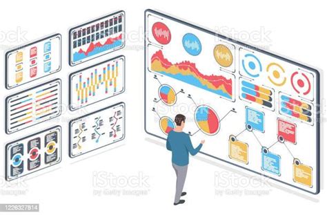 통계 데이터를 가진 남자 태블릿에 디지털 그래프와 차트의 형태로 제시 인포 그래픽 화면에 재무 분석 비즈니스 개념 판매 통계 벡터 일러스트레이션 아이소메트릭 3차원 형태에