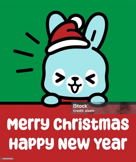 산타 모자를 쓴 귀여운 토끼가 표지판을 들고 메리 크리스마스와 새해 복 많이 받으세요 12월 31일에 대한 스톡 벡터 아트 및 기타 이미지 12월 31일 귀여운 눈