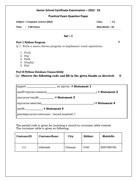 12th Main Practical Exam Question Paper Pdf Databases