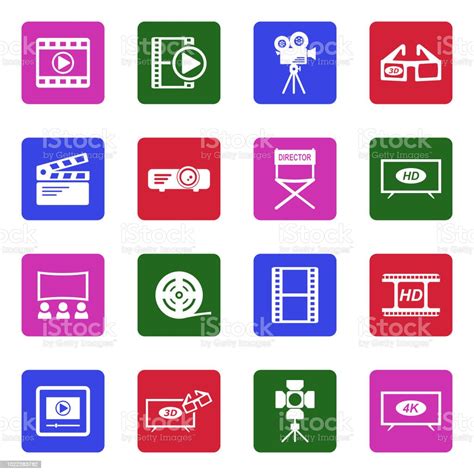 영화 아이콘입니다 광장에서 백색 평면 디자인입니다 벡터 일러스트입니다 3차원 형태에 대한 스톡 벡터 아트 및 기타 이미지 3차원 형태 4k해상도 Hd 포맷 Istock