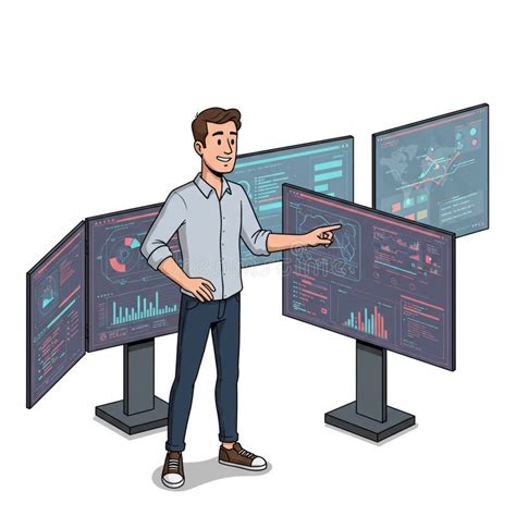 A Cartoon Man Stands In Front Of Multiple Screens Displaying Data