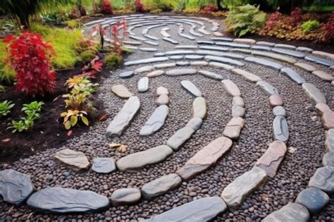 Spiraling Patterns Of Circular Stones In A Garden Path Premium Ai Generated Image
