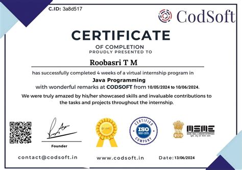 Roobasri T M On Linkedin Javaprogramming Codsoft Internship Softwaredevelopment Careergrowth