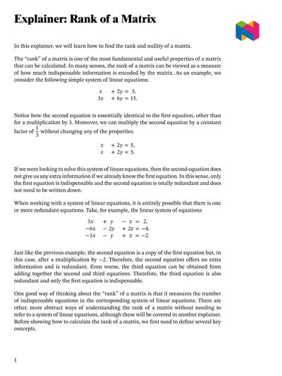 Lesson Rank Of A Matrix Nagwa