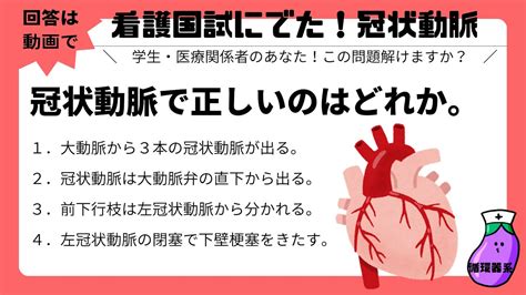 看護師国家試験過去問「循環器系」問題：冠状動脈で正しいのはどれか。 Youtube
