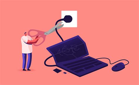 작은 남성 캐릭터 는 파편바닥에 누워 깨진 화면과 거대한 노트북의 와이어를 잘라 분쇄 된 가젯을 가진 남자 찢기에 대한 스톡 벡터 아트 및 기타 이미지 Istock