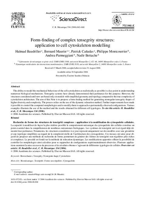 Pdf Form Finding Of Complex Tensegrity Structures Application To Cell Cytoskeleton Modelling