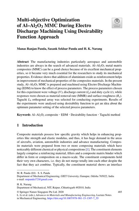 Pdf Multi Objective Optimization Of Al Al2o3 Mmc During Electro Discharge Machining Using