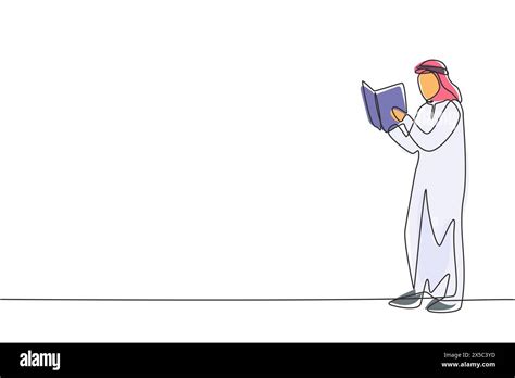 Single One Line Drawing Young Arabian Man Reading Learning And