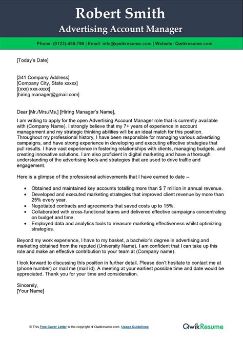 Advertising Account Manager Cover Letter Examples Qwikresume