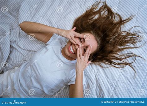 Beautiful Young Woman Lying In Bed Smiling Stock Image Image Of Cute Good 222721915