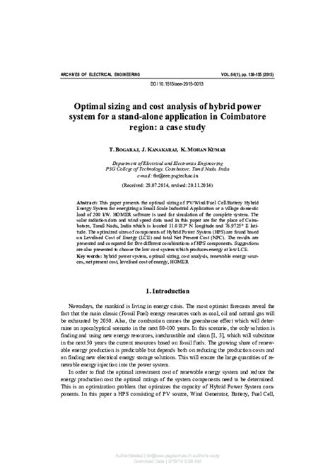 Pdf Optimal Sizing And Cost Analysis Of Hybrid Power System For A Stand Alone Application In