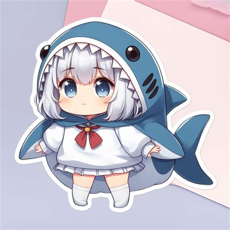 Adorable Chibi Anime Girl White Hair And Blue Shark Costume Sticker Etsy