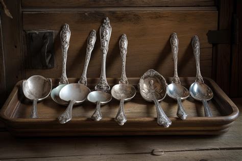 Premium Ai Image Antique Silver Spoon Set Beautifully Displayed On