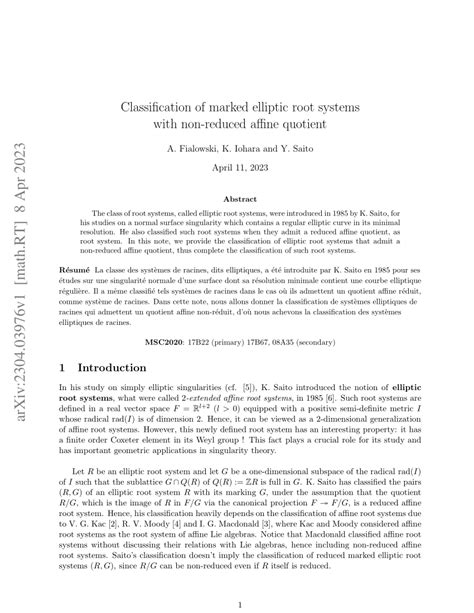 Pdf Classification Of Marked Elliptic Root Systems With Non Reduced Affine Quotient