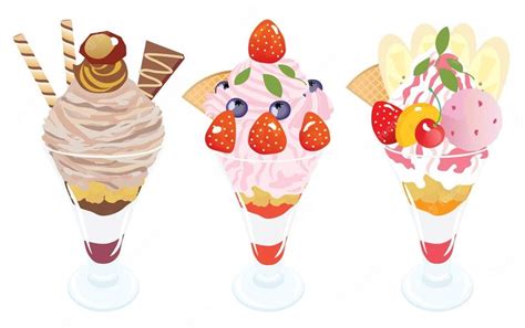 마론과 초콜릿과 과일의 파르페의 일러스트를 설정 프리미엄 벡터 Parfait Chocolate Fruit