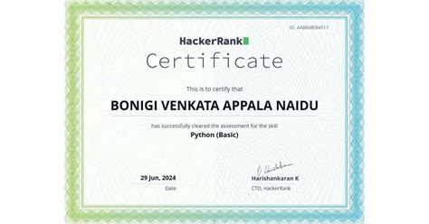 Bonigi Venkata Appala Naidu On Linkedin Hackerrank Skill Certificate