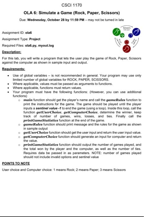 Solved CSCI 1170 OLA 6 Simulate A Game Rock Paper Chegg