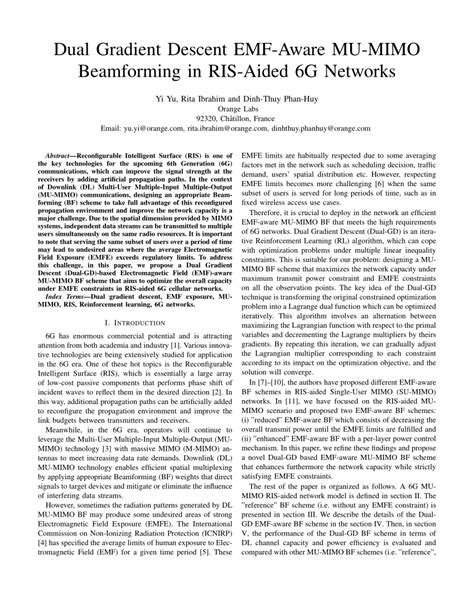 Pdf Dual Gradient Descent Emf Aware Mu Mimo Beamforming In Ris Aided 6g Networks