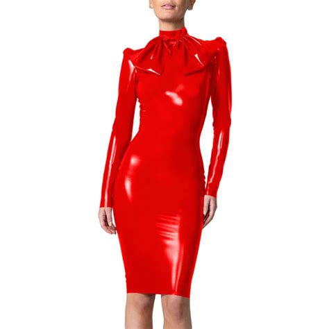 Pvc Dress Full Sleeve Sheath Dress Big Bow Mock Neck Faux Latex Bodycon