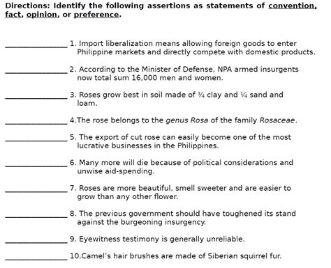 Solved Directions Identify The Following Assertions As Statements Of