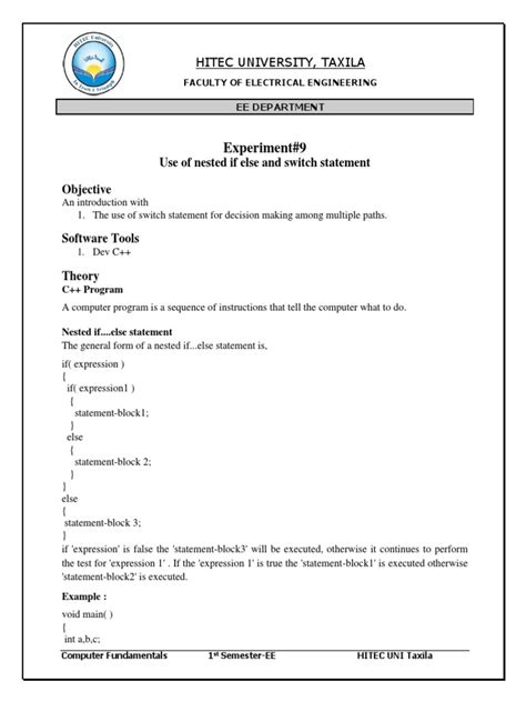 Experiment9 Use Of Nested If Else And Switch Statement Objective