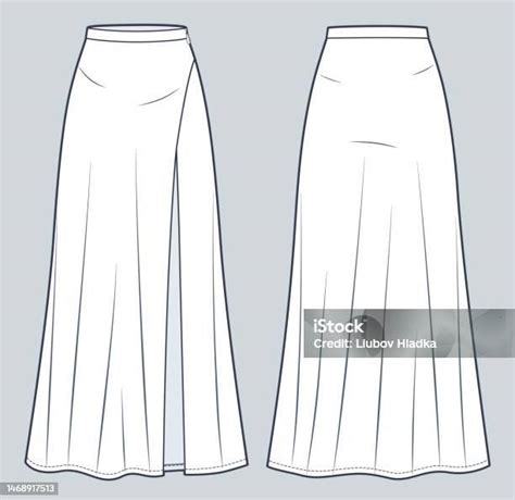 여성 긴 맥시 길이 스커트 기술 패션 그림 소녀 스커트 패션 플랫 기술 도면 템플릿 A 라인 Zipup 전면 슬릿 전면 및 후면보기 흰색 색상 여성 Cad 모형 설계도에
