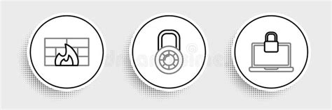 Set Line Laptop And Lock Firewall Security Wall And Safe Combination Wheel Icon Vector Stock