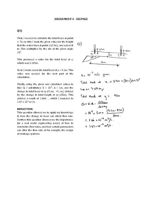 Assignment 3 Seepage Assignment 3 Seepage Q1 First I Needed To Calculate The Total Head
