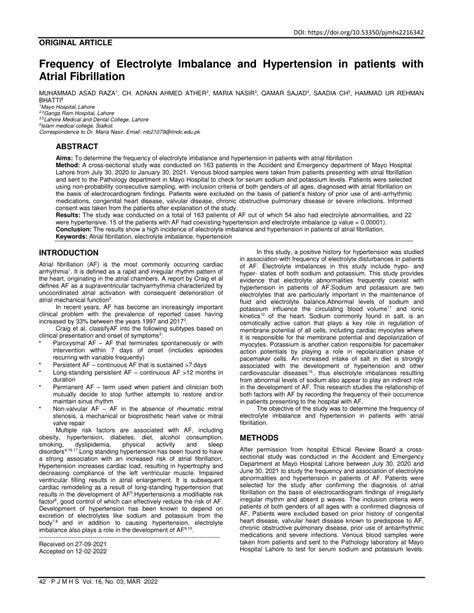 Pdf Frequency Of Electrolyte Imbalance And Hypertension In Patients With Atrial Fibrillation