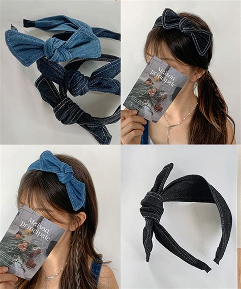 당일출고 3color 데님 청 와이드 왕리본 스티치 넓은 리본 포인트 꾸안꾸 여름 머리띠 헤어밴드 에이블리