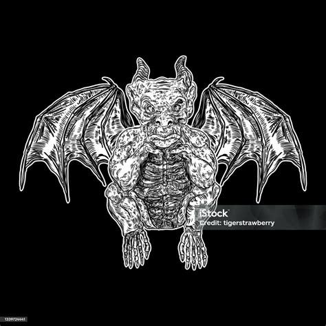 신화의 고대 가고일 생물은 박쥐 날개와 뿔키메라처럼 인간과 용을 생물 좌석 위치에 날카로운 송곳니와 발톱신화 가구유 손으로 그린 스케치가 새겨져 있습니다 벡터 가공의 인물에