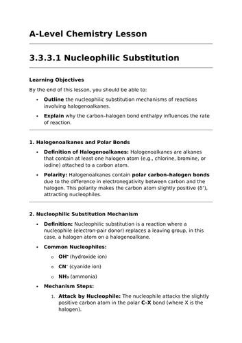 Nucleophilic Substitution A Level Chemistry Lesson Teaching Resources