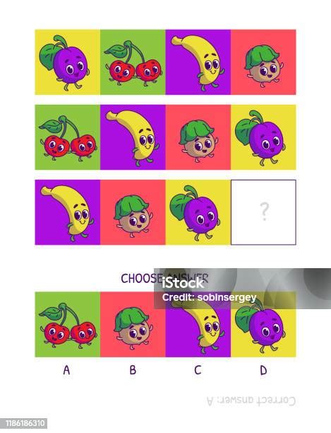 귀여운 매화 체리 바나나 너트 아이들을위한 어린이 유치원 워크 시트 활동을위한 논리 게임 논리적 사고와 마음의 개발을위한 작업