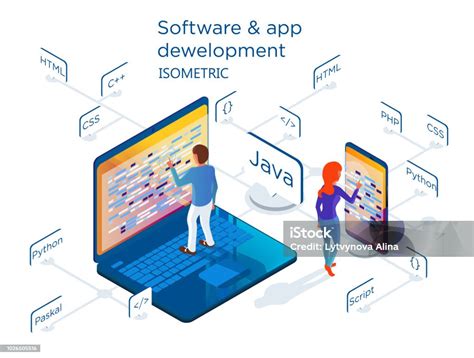 소프트웨어 및 모바일 응용 프로그램의 개발입니다 사이트 레이아웃입니다 다른 전문가 제품의 창조에 최선을 다하고 있습니다 아이소메트릭 3d 그림 3차원 형태에 대한 스톡 벡터