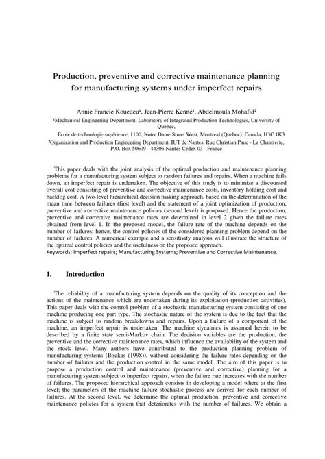 Pdf Production Preventive And Corrective Maintenance Planning In Manufacturing Systems Under