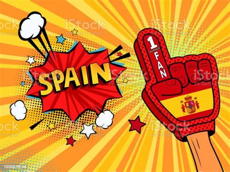 남성 스포츠 팬 축 하 하는 승리와 별과 구름과 스페인 연설 거품을 제기의 국가 깃발 글러브에 손을 레트로 만화 스타일 벡터 화려한 일러스트 레이 션 Championship