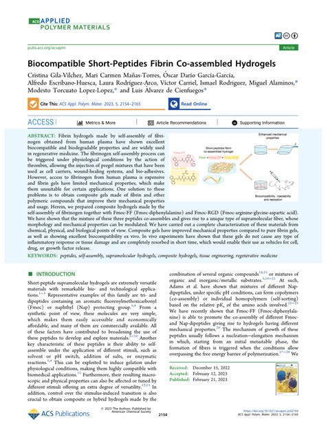 Pdf Biocompatible Short Peptides Fibrin Co Assembled Hydrogels